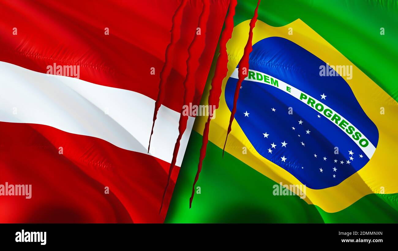 Latvia and Brazil flags with scar concept. Waving flag,3D rendering ...