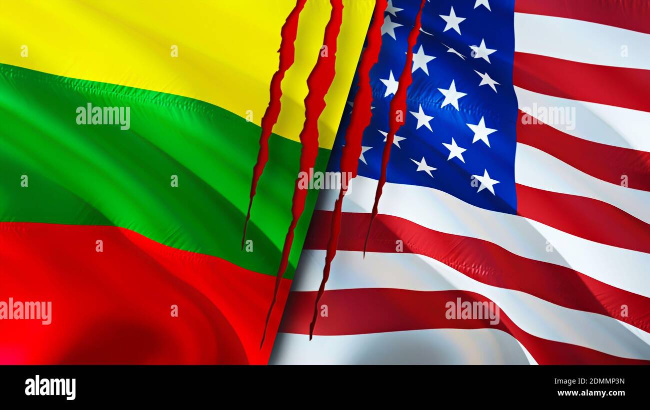 Lithuania and USA flags with scar concept. Waving flag,3D rendering ...