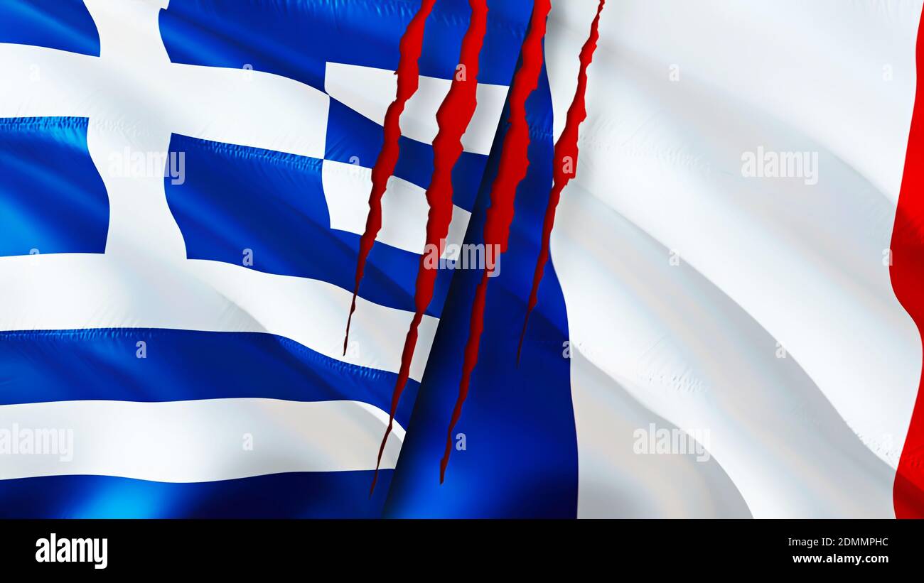 Greece and France flags with scar concept. Waving flag,3D rendering ...