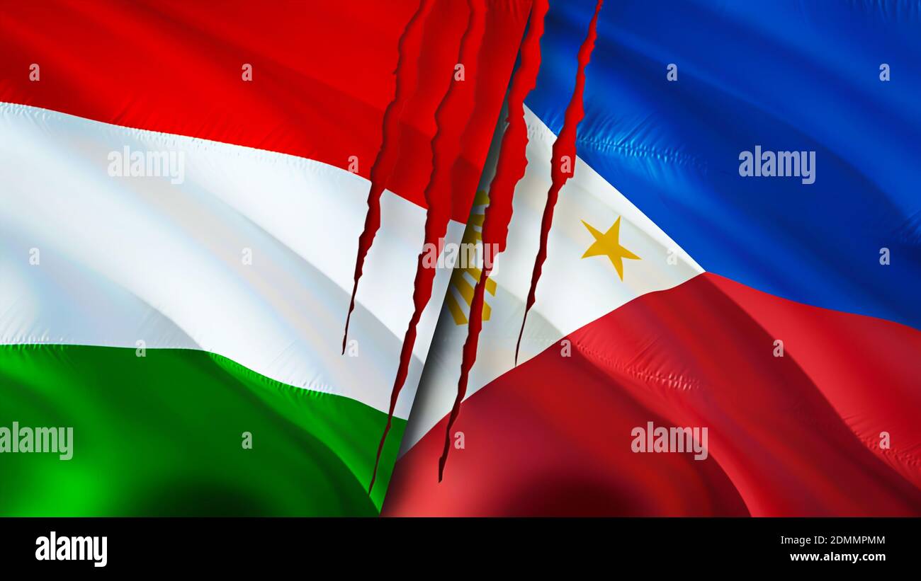 Hungary and Philippines flags with scar concept. Waving flag,3D ...