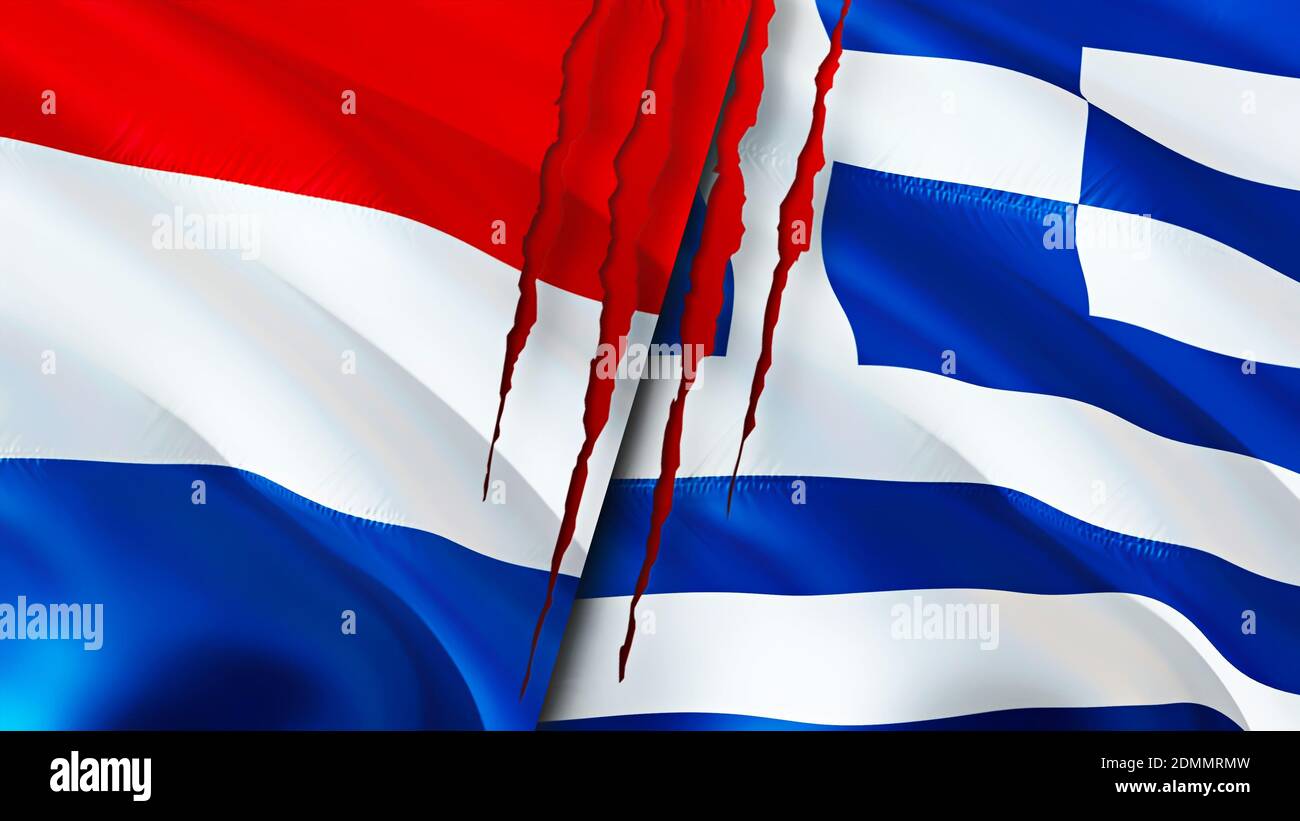 Netherlands and Greece flags with scar concept. Waving flag,3D ...