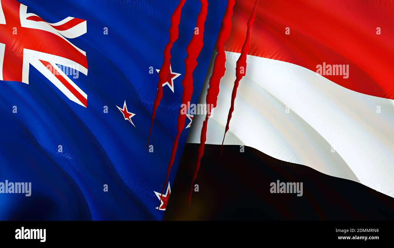 New Zealand And Yemen Flags With Scar Concept Waving Flag 3d Rendering New Zealand And Yemen