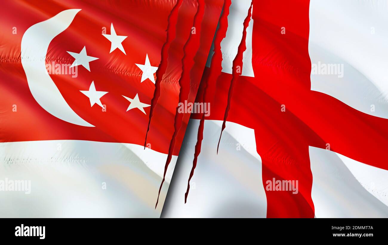 Singapore and England flags with scar concept. Waving flag,3D rendering ...