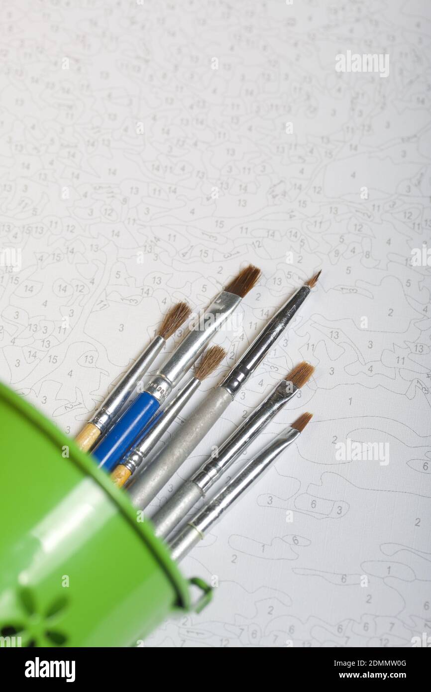 Paint brushes. On canvas with numbered sections. Drawing by numbers ...