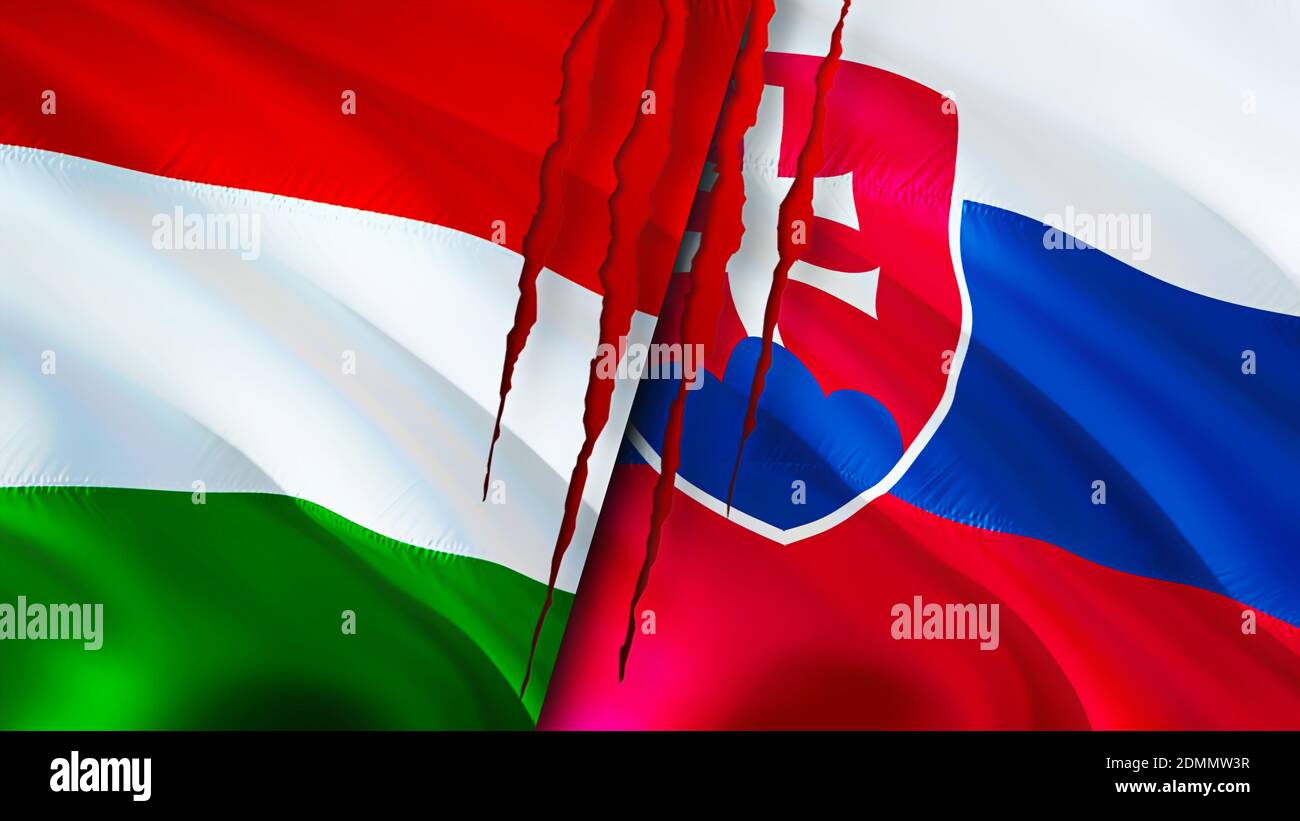 Hungary and Slovakia flags with scar concept. Waving flag,3D rendering ...