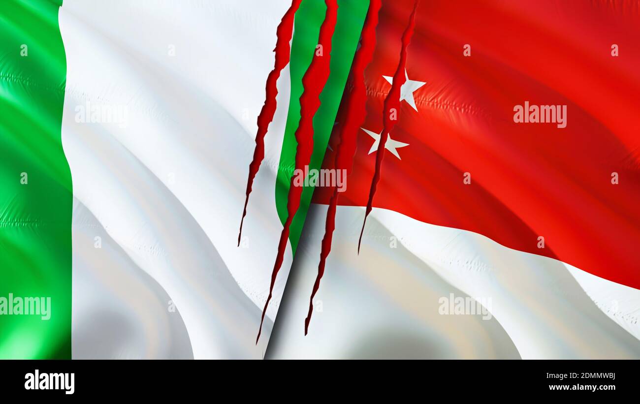 Nigeria and Singapore flags with scar concept. Waving flag,3D rendering ...
