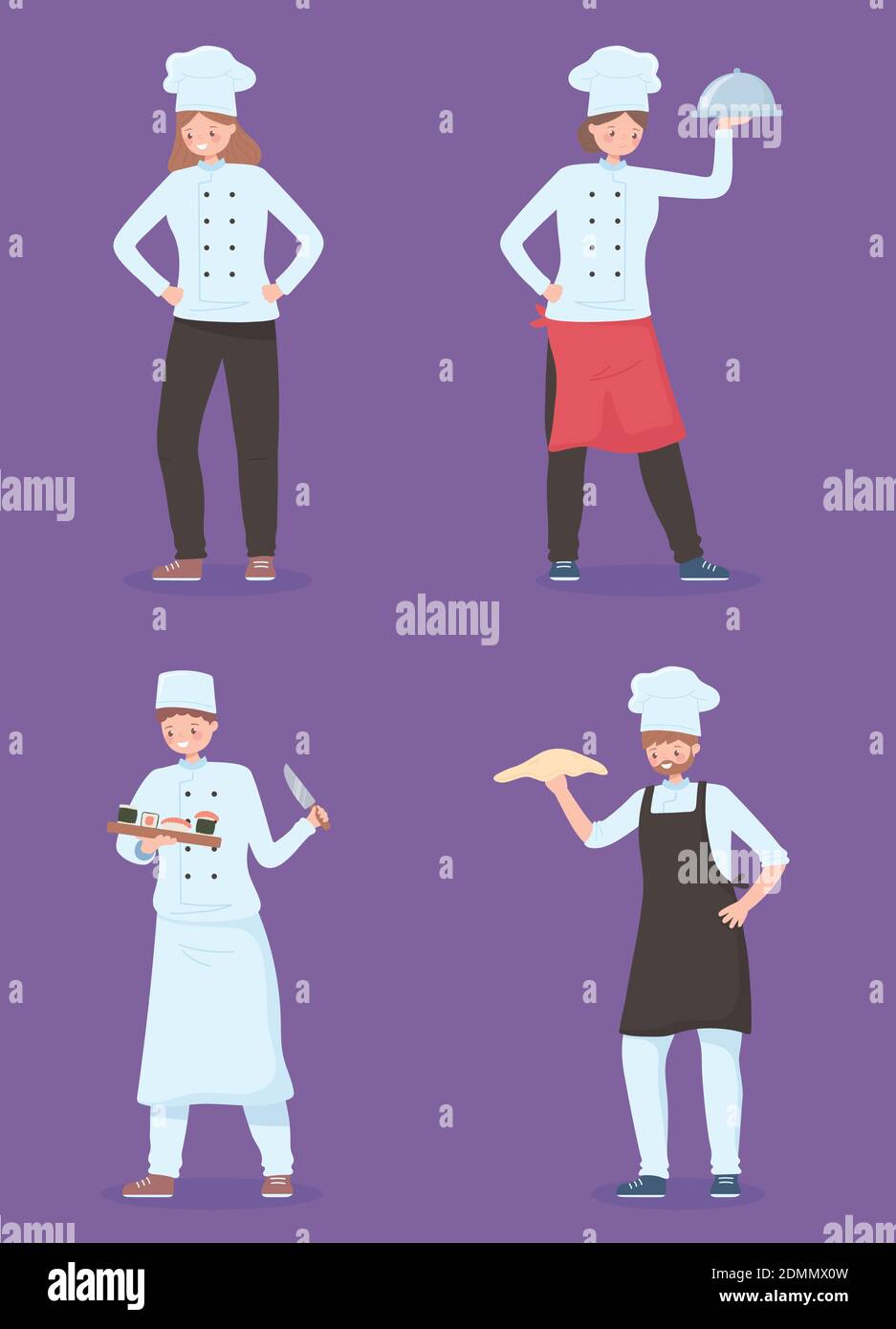 set of chefs with food and platter kitchen workers characters vector ...