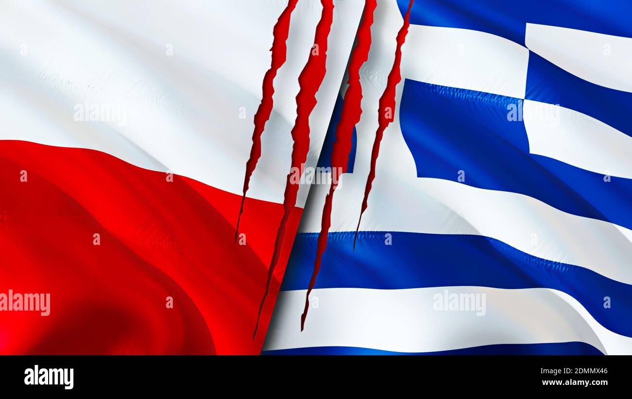 Poland and Greece flags with scar concept. Waving flag,3D rendering ...