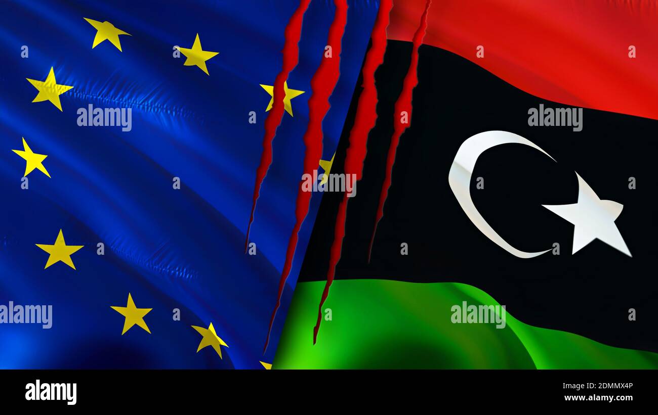 European Union and Libya flags with scar concept. Waving flag,3D ...