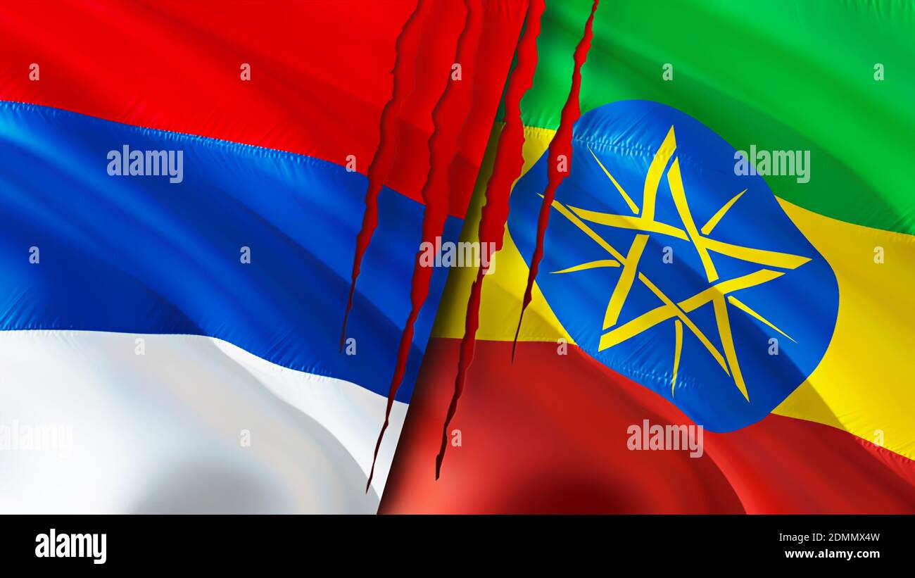 Serbia and Ethiopia flags with scar concept. Waving flag,3D rendering ...