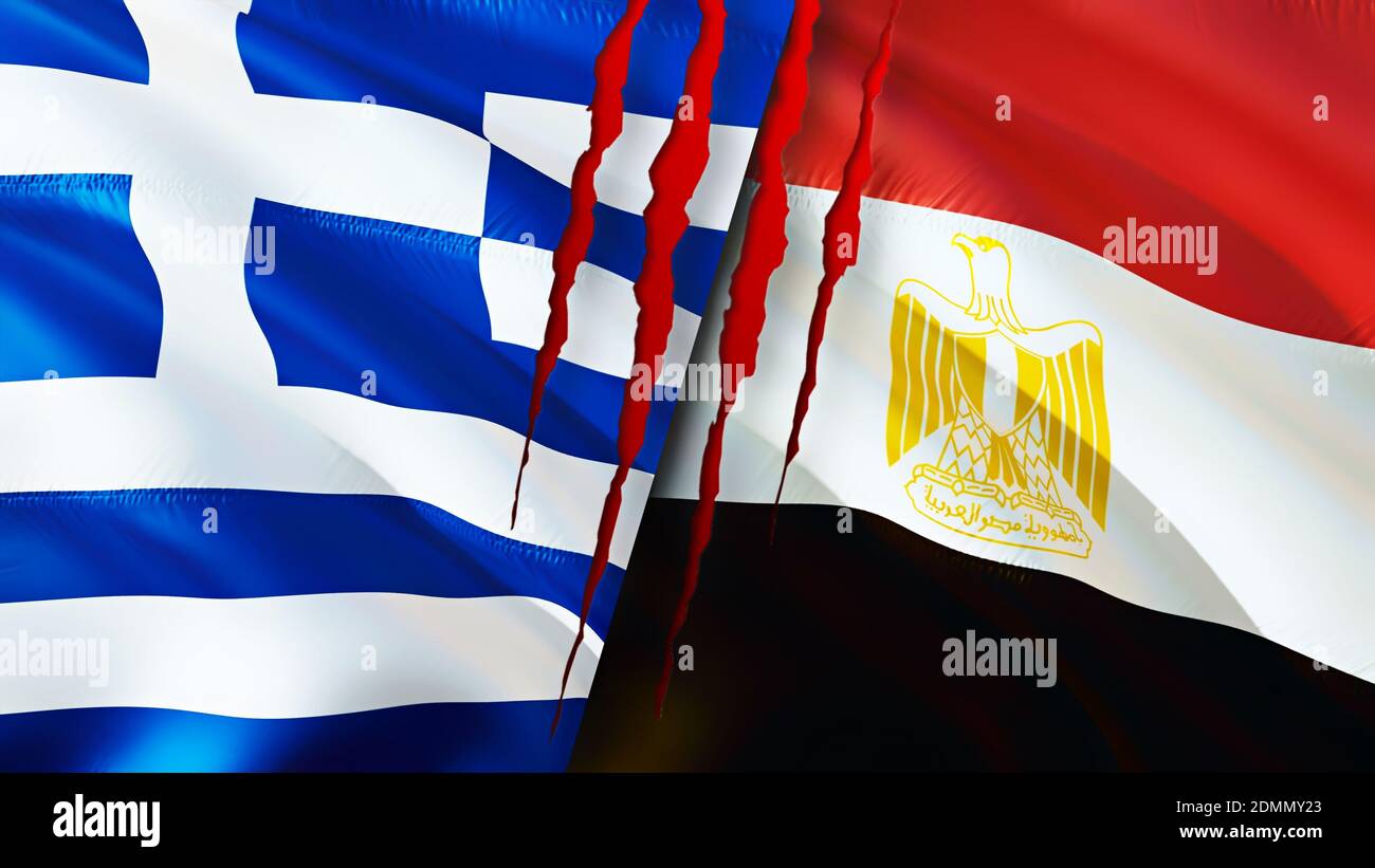 Greece and Egypt flags with scar concept. Waving flag,3D rendering ...