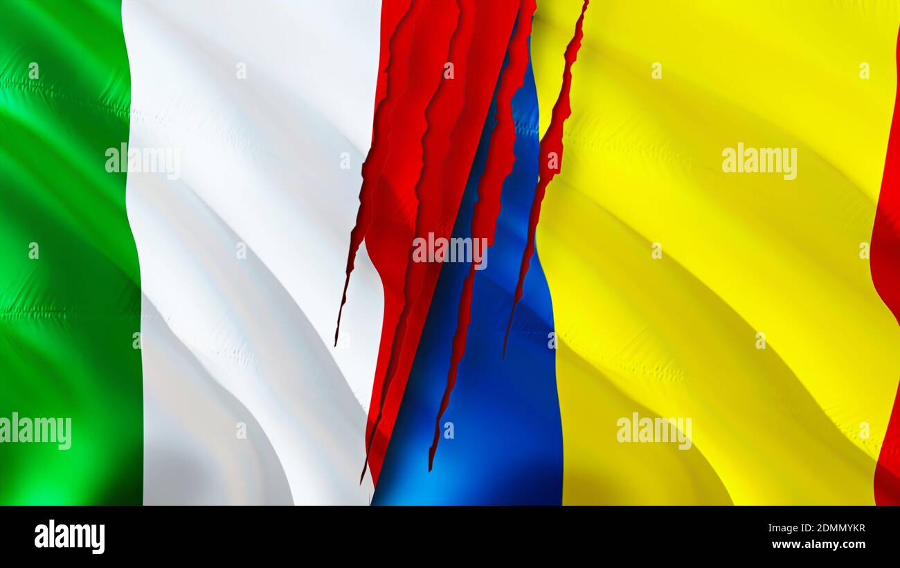 Italy and Romania flags with scar concept. Waving flag,3D rendering ...