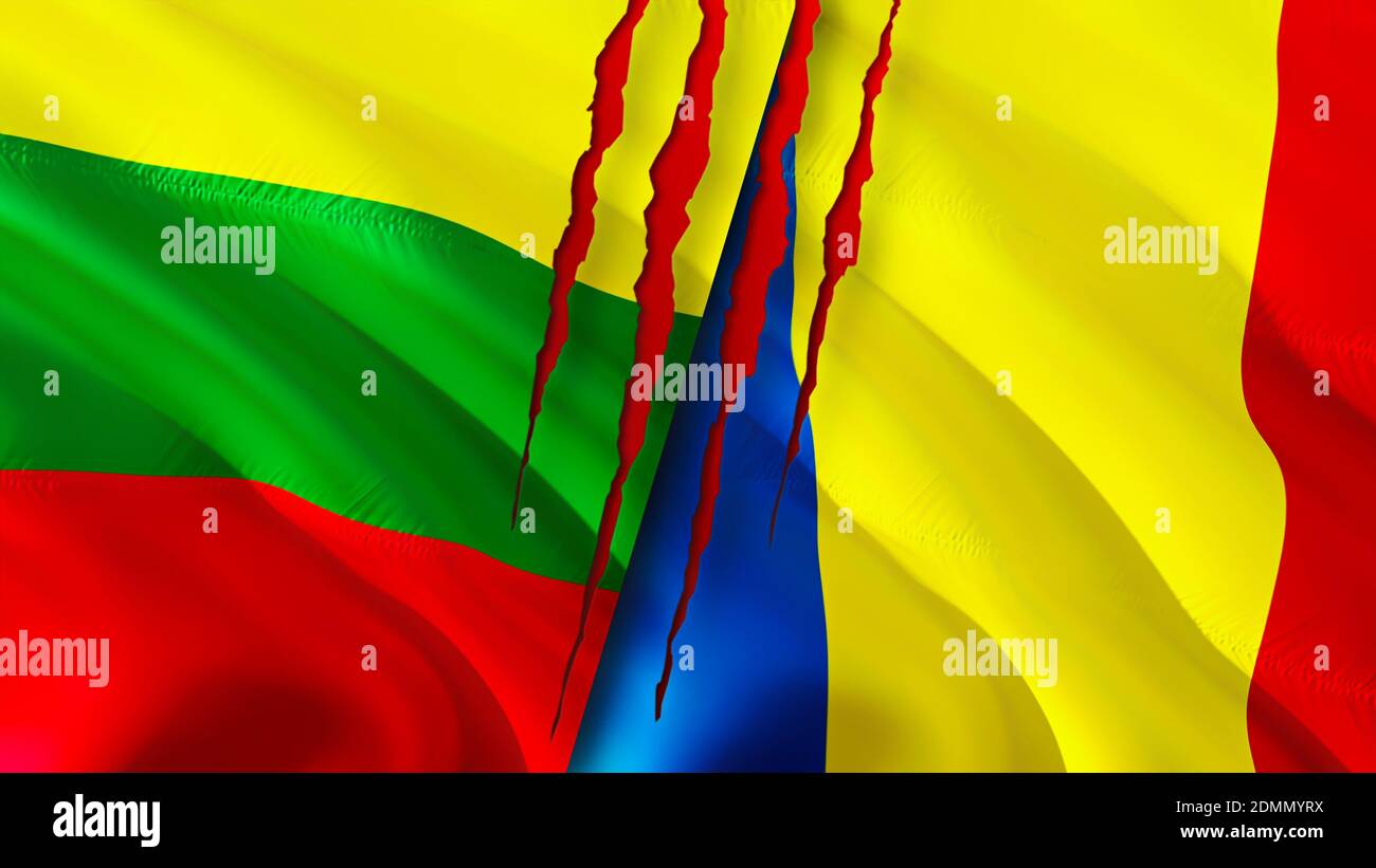 Lithuania and Romania flags with scar concept. Waving flag,3D rendering ...