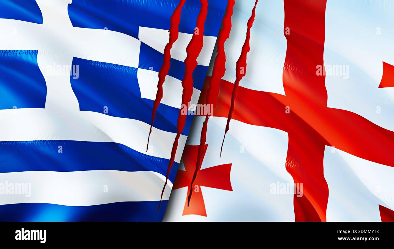 Greece and Georgia flags with scar concept. Waving flag,3D rendering ...
