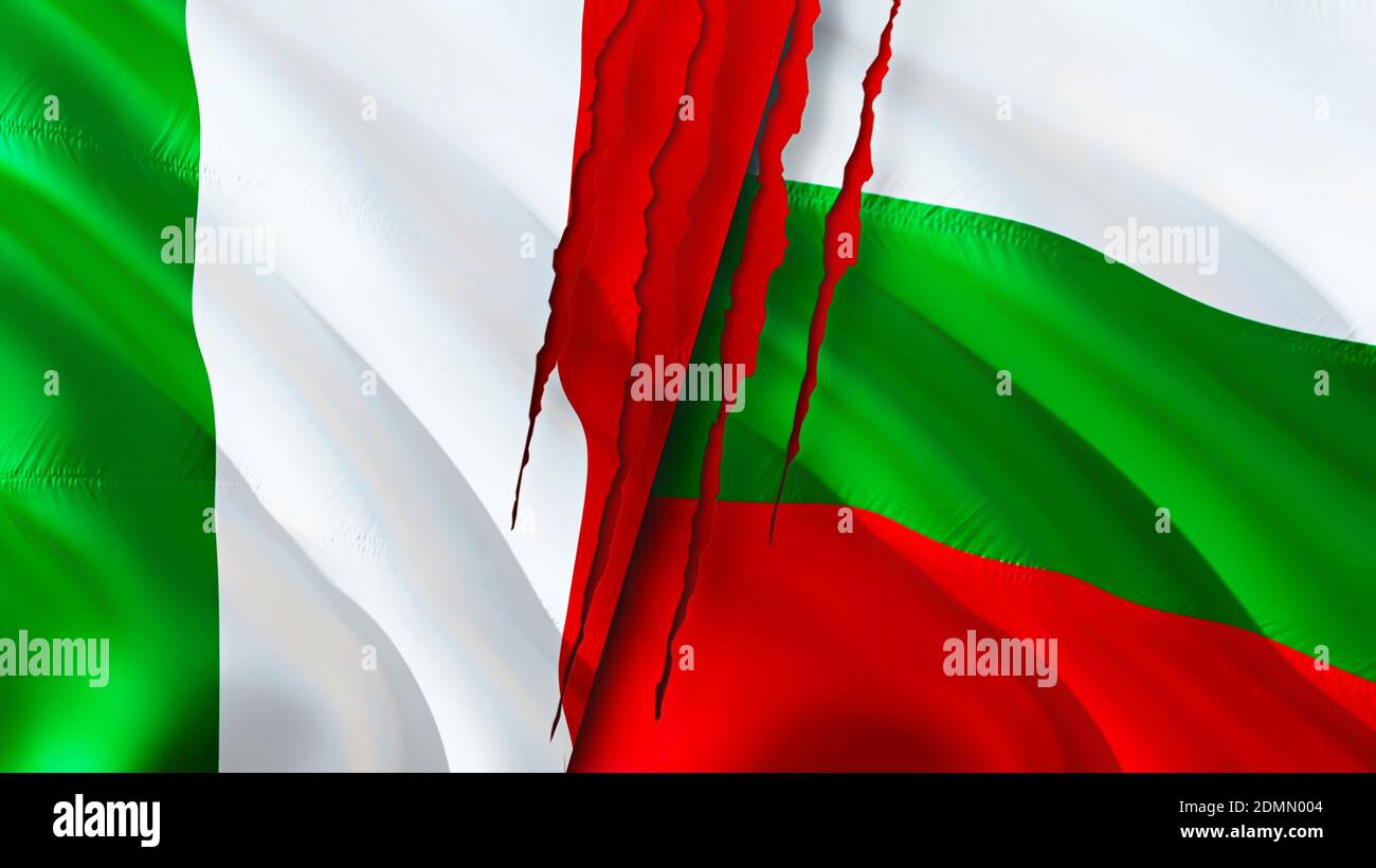 Italy and Bulgaria flags with scar concept. Waving flag,3D rendering ...