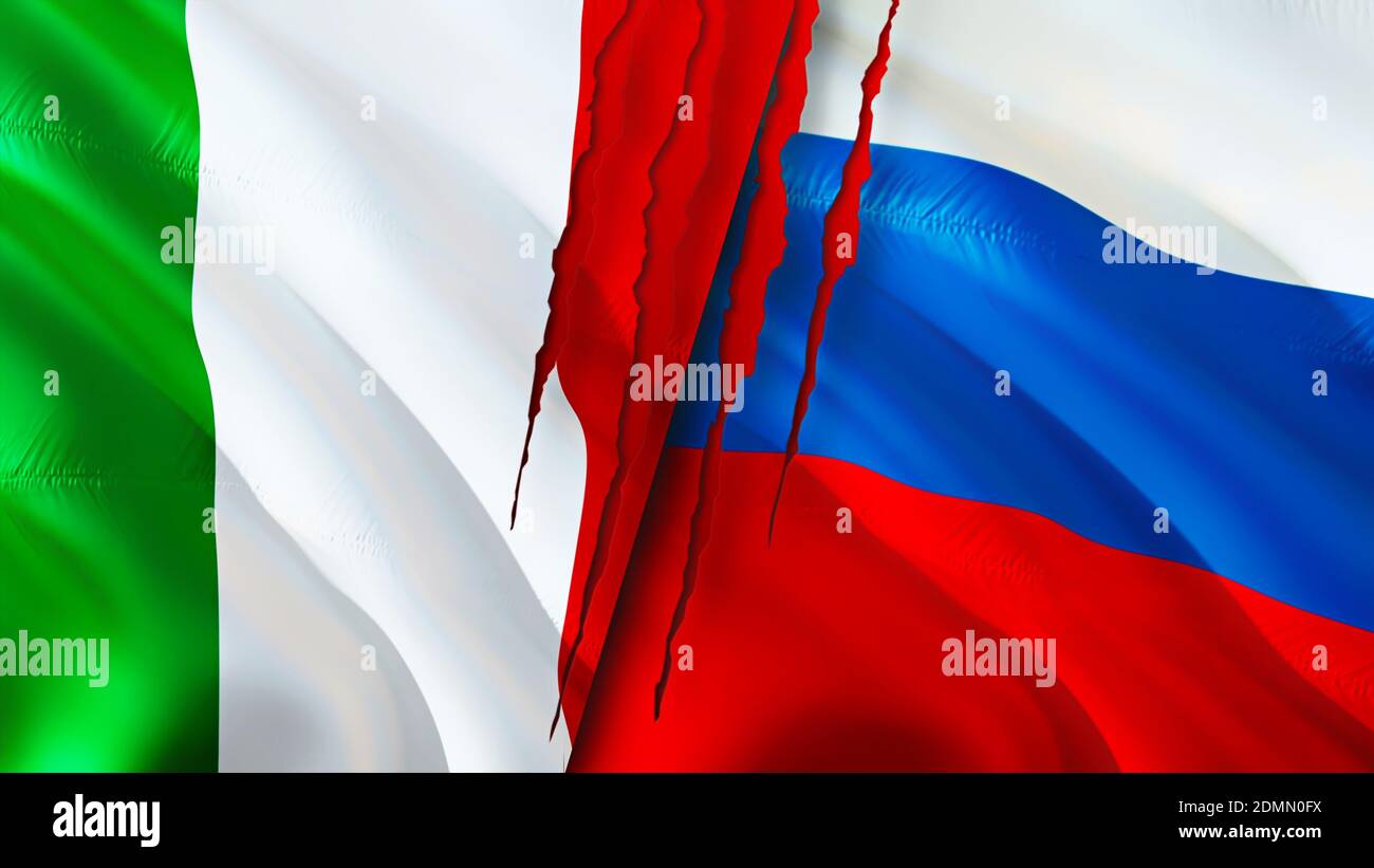 Italy and Russia flags with scar concept. Waving flag,3D rendering ...