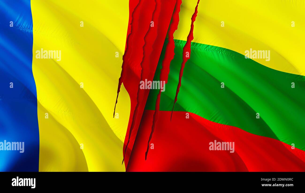 Romania and Lithuania flags with scar concept. Waving flag,3D rendering ...