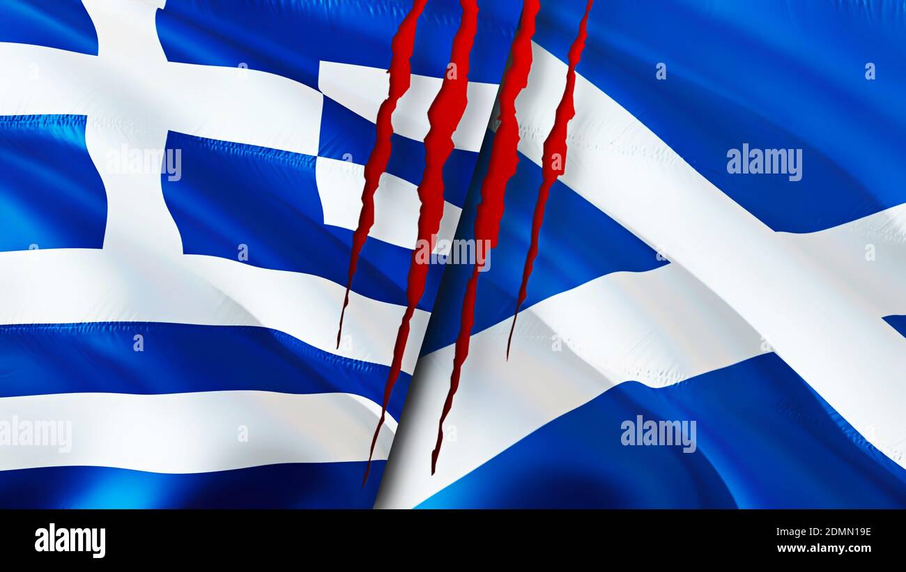 Greece and Scotland flags with scar concept. Waving flag,3D rendering ...