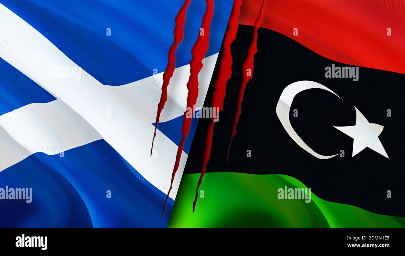 Scotland and Libya flags with scar concept. Waving flag,3D rendering ...