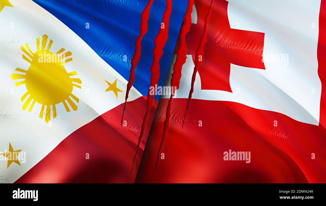 Philippines and Tonga flags with scar concept. Waving flag,3D rendering ...