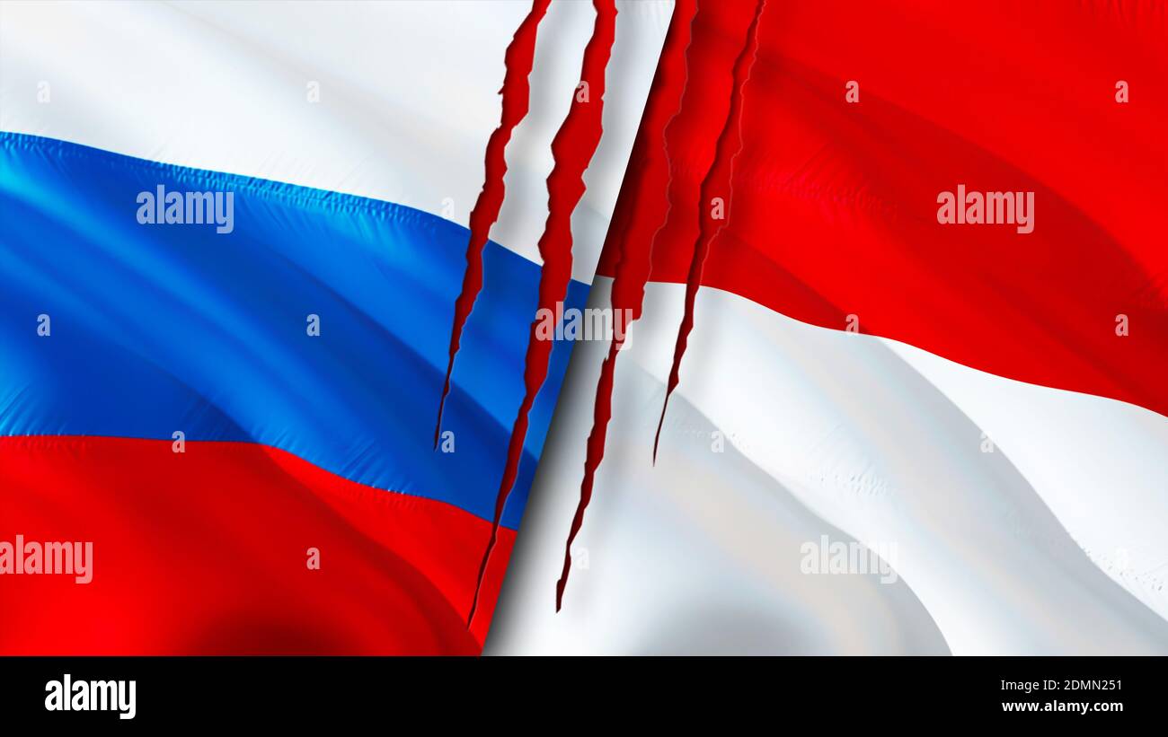 Russia and Monaco flags with scar concept. Waving flag,3D rendering ...
