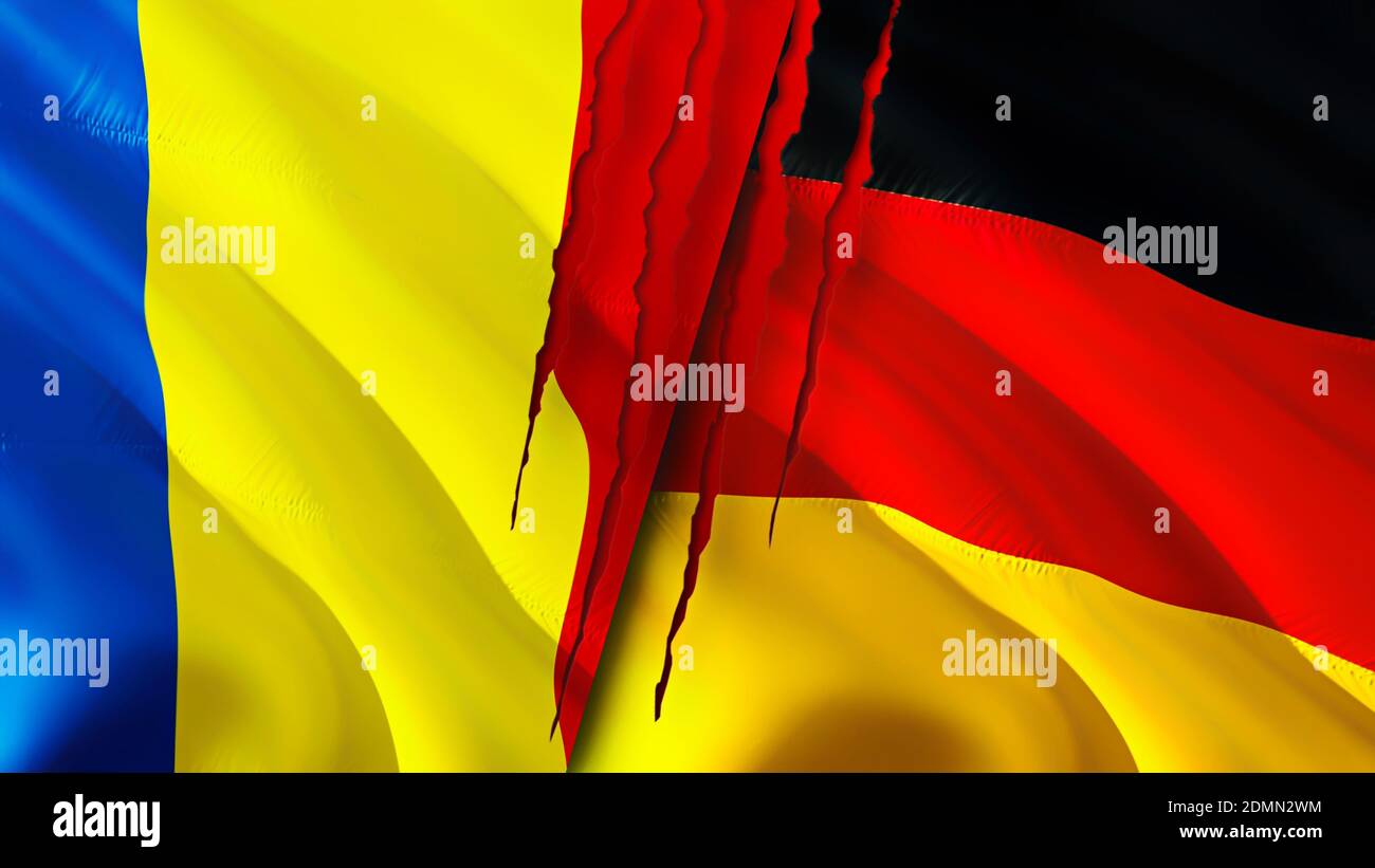 Romania and Germany flags with scar concept. Waving flag,3D rendering ...