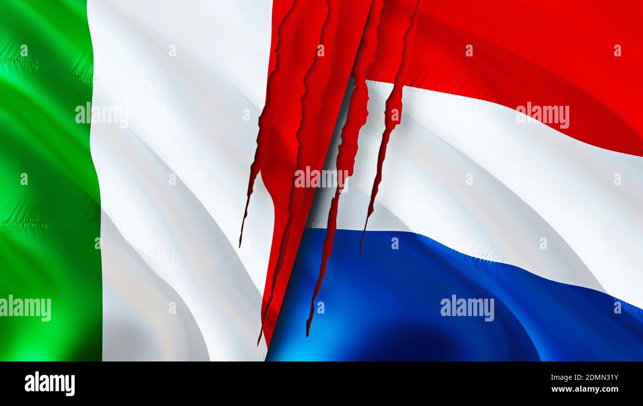 Italy and Netherlands flags with scar concept. Waving flag,3D rendering ...