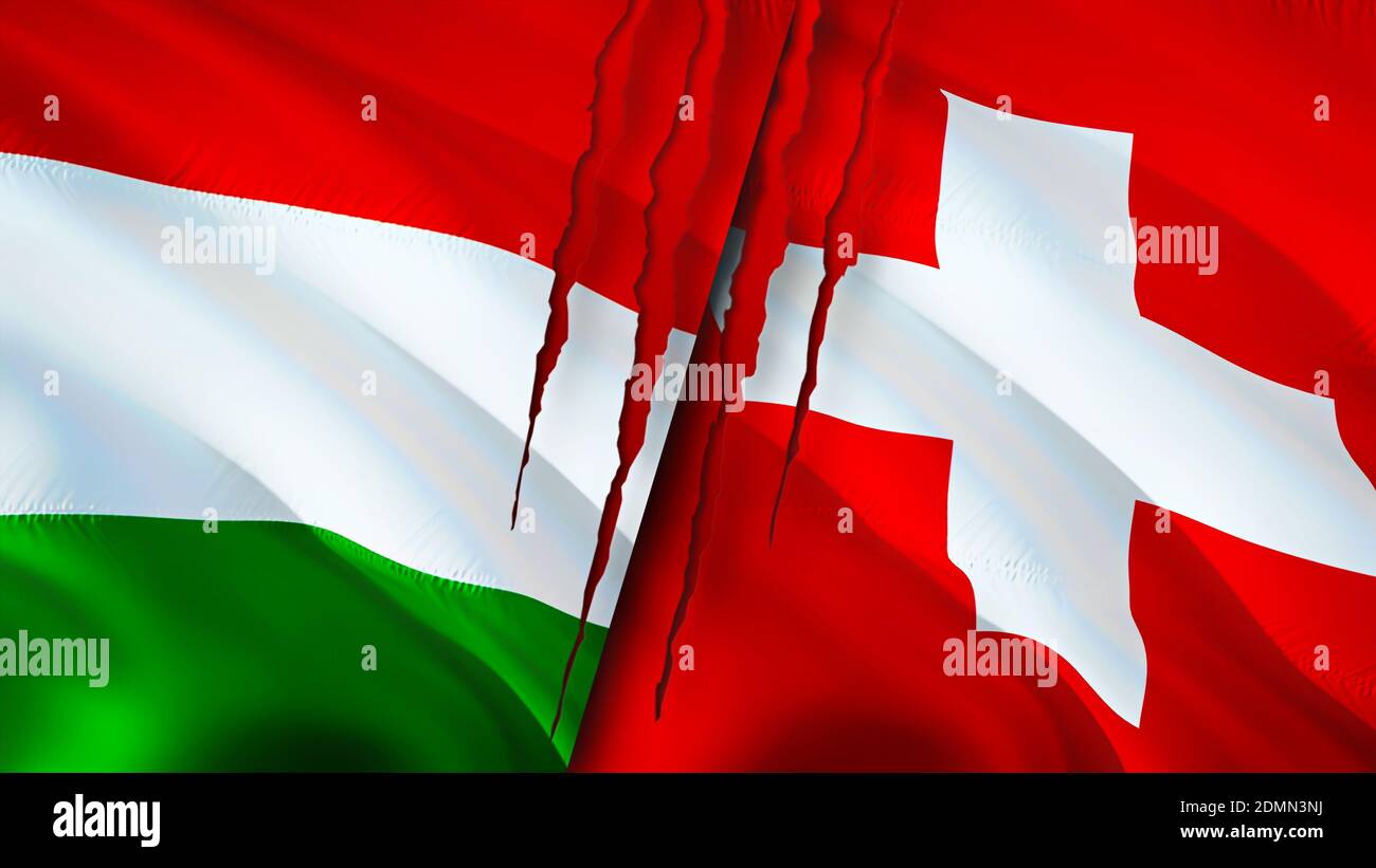 Hungary and Switzerland flags with scar concept. Waving flag,3D ...