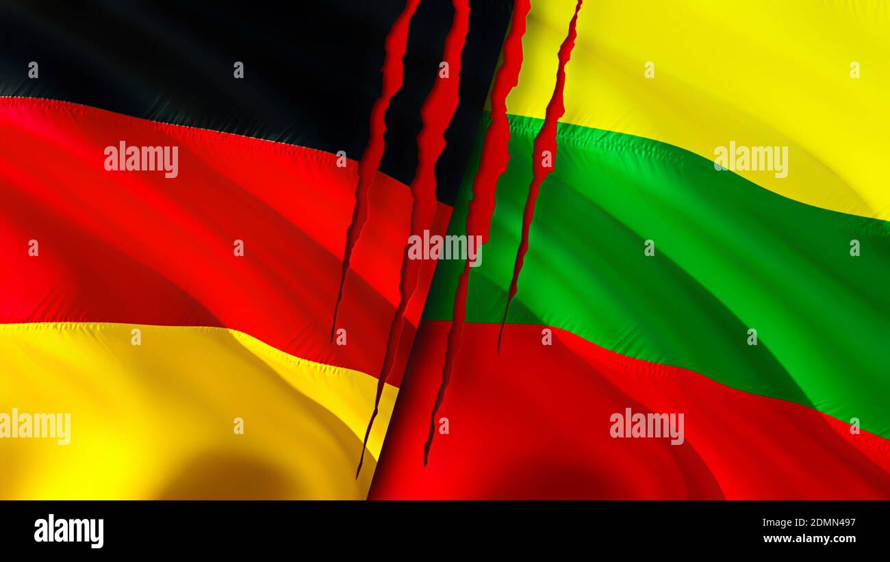 Germany and Lithuania flags with scar concept. Waving flag,3D rendering ...