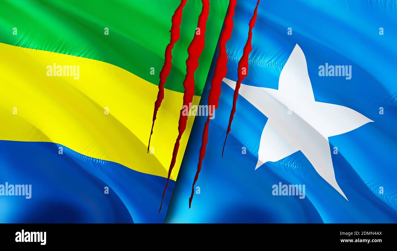Gabon and Somalia flags with scar concept. Waving flag,3D rendering ...