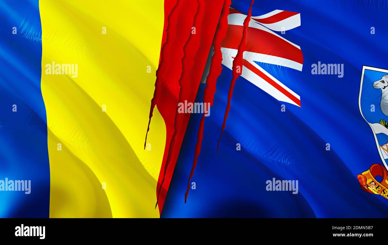 Romania and Falkland Islands flags with scar concept. Waving flag,3D ...