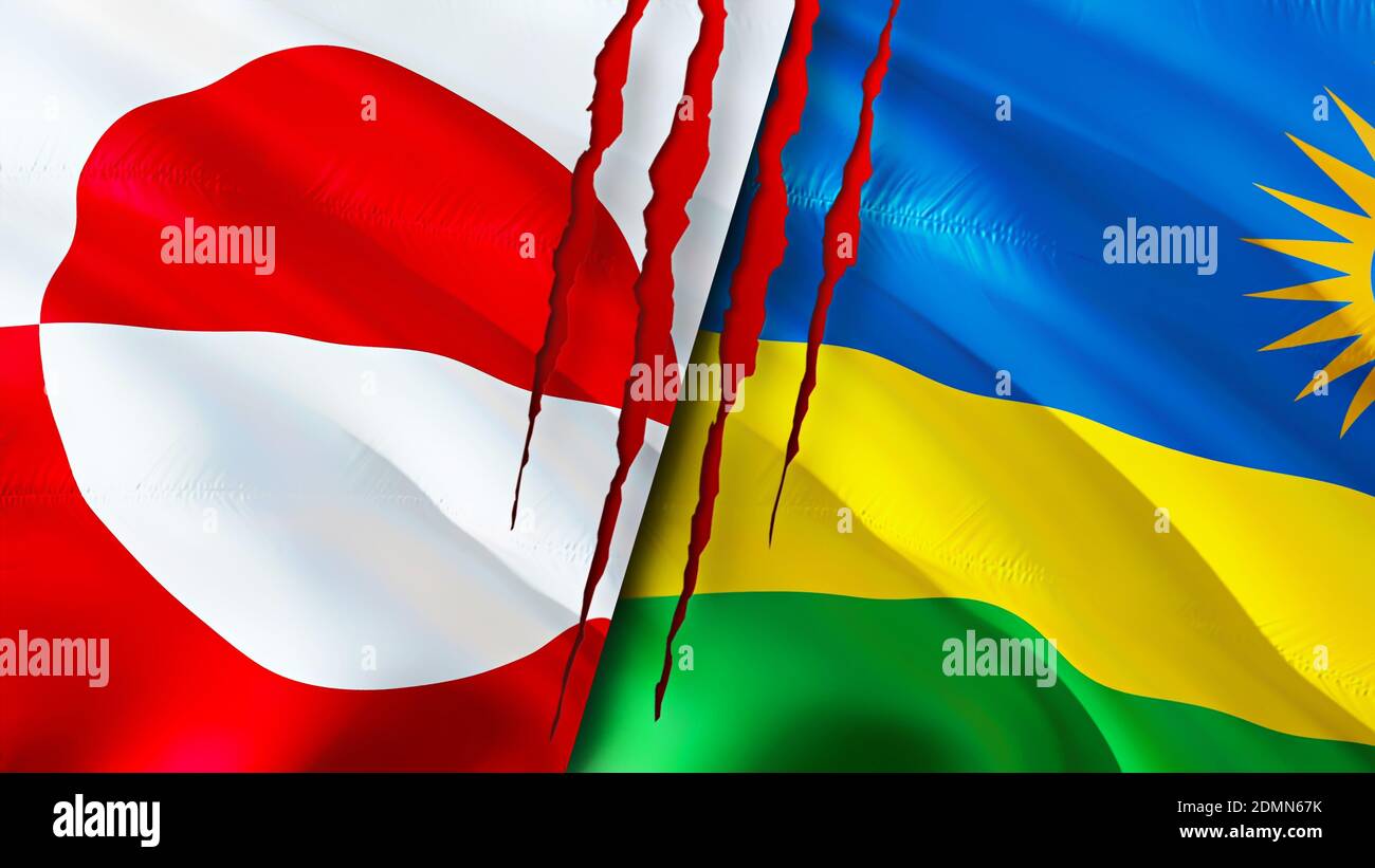 Greenland and Rwanda flags with scar concept. Waving flag,3D rendering ...