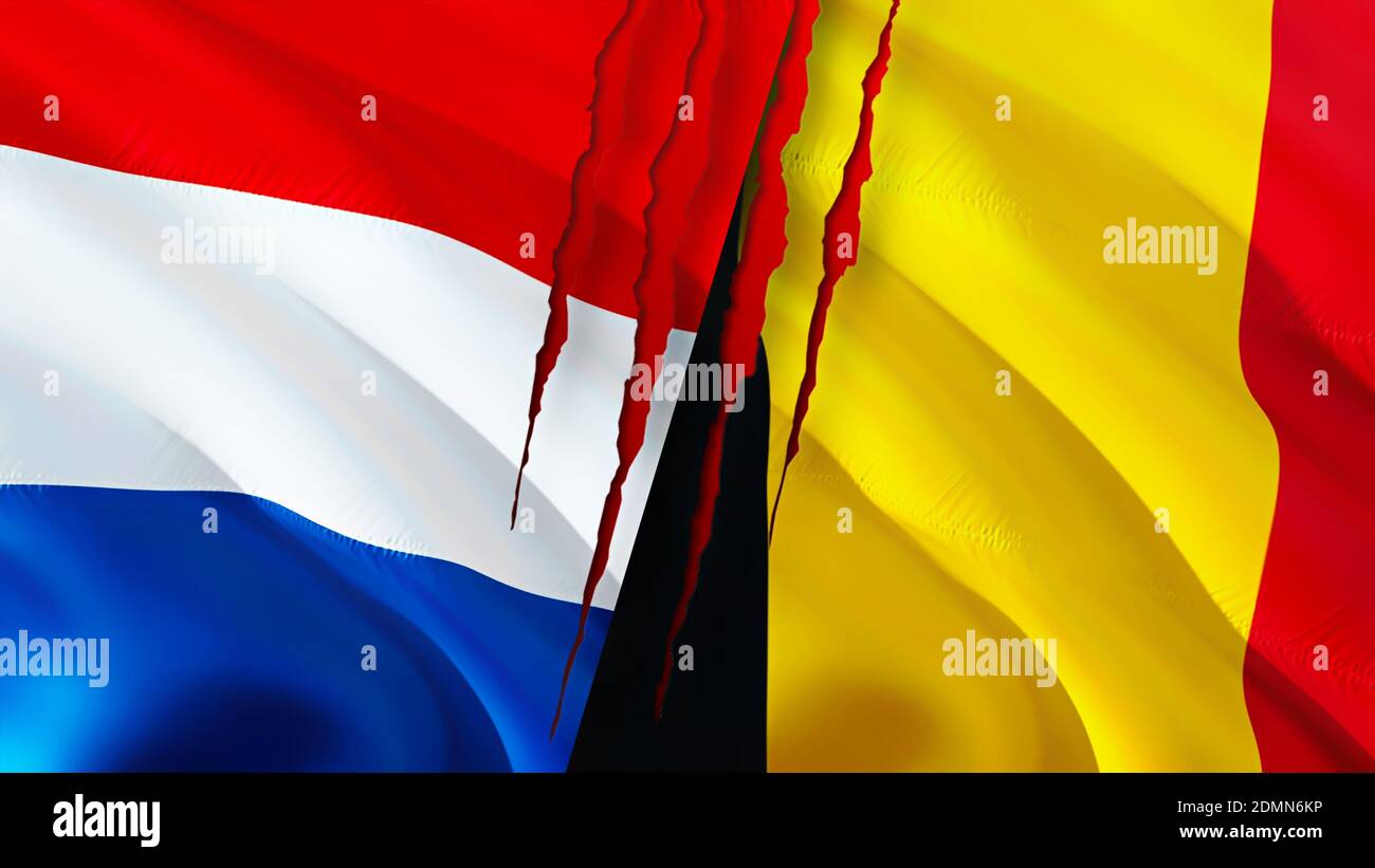 Netherlands and Belgium flags with scar concept. Waving flag,3D ...