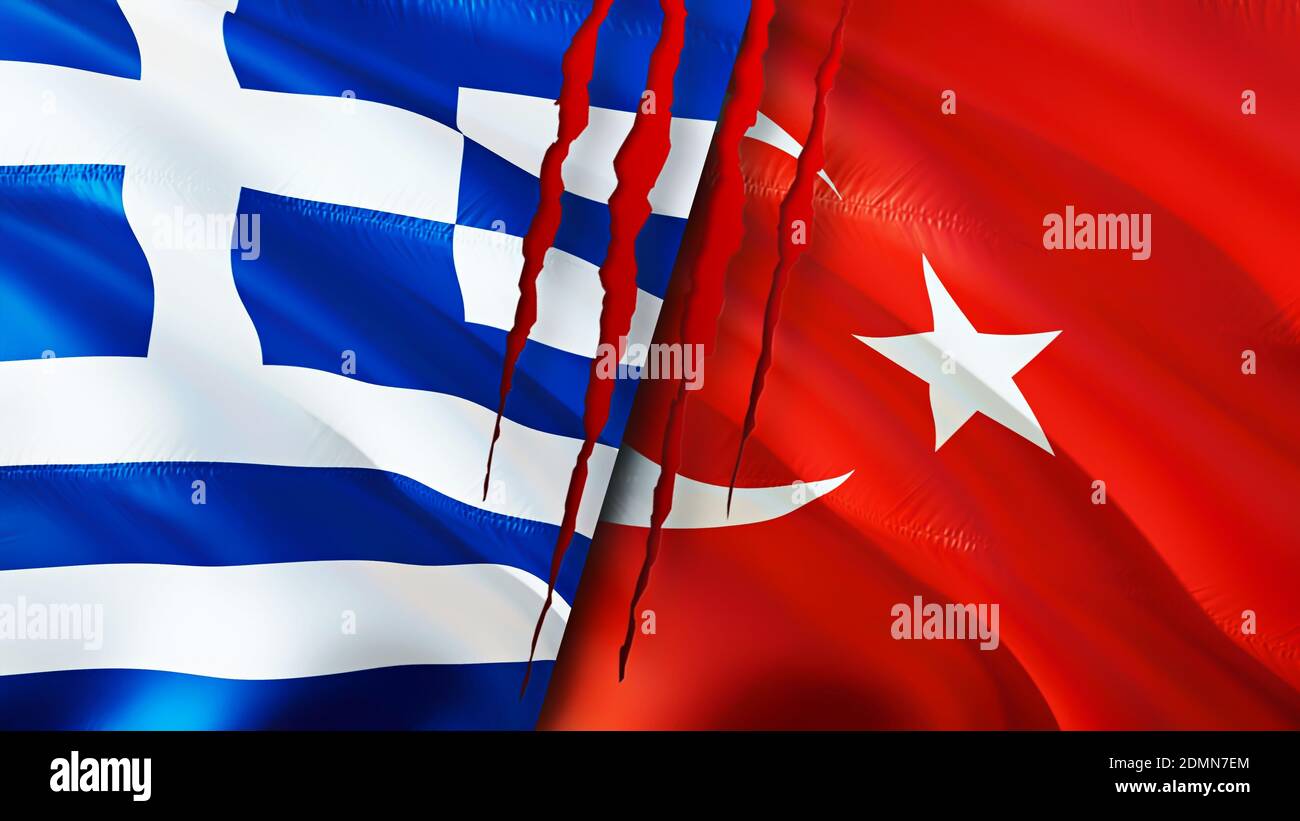 Greece and Turkey flags with scar concept. Waving flag,3D rendering ...