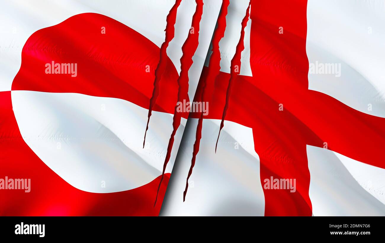 Greenland and England flags with scar concept. Waving flag,3D rendering ...