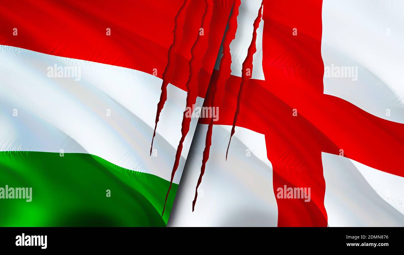Hungary and England flags with scar concept. Waving flag,3D rendering ...
