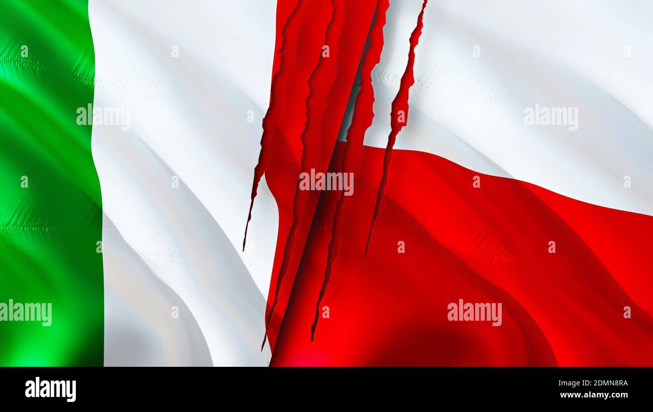 Italy and Poland flags with scar concept. Waving flag,3D rendering ...