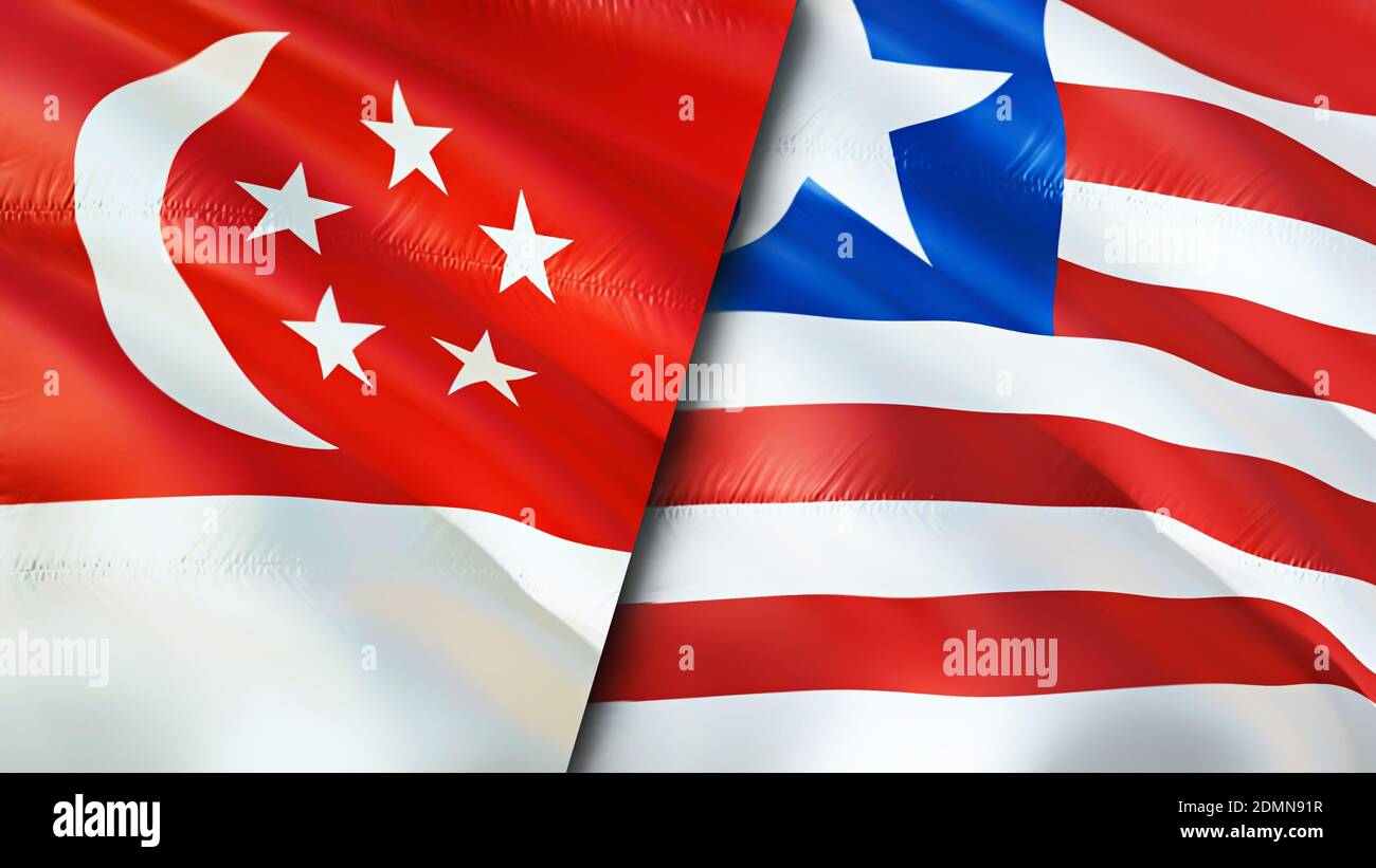 Singapore and Liberia flags. 3D Waving flag design. Singapore Liberia ...