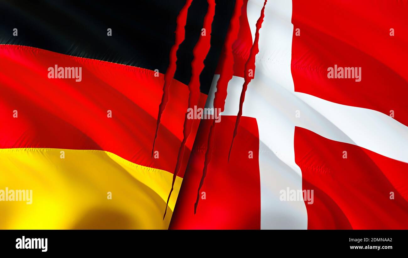 Germany and Denmark flags with scar concept. Waving flag,3D rendering ...