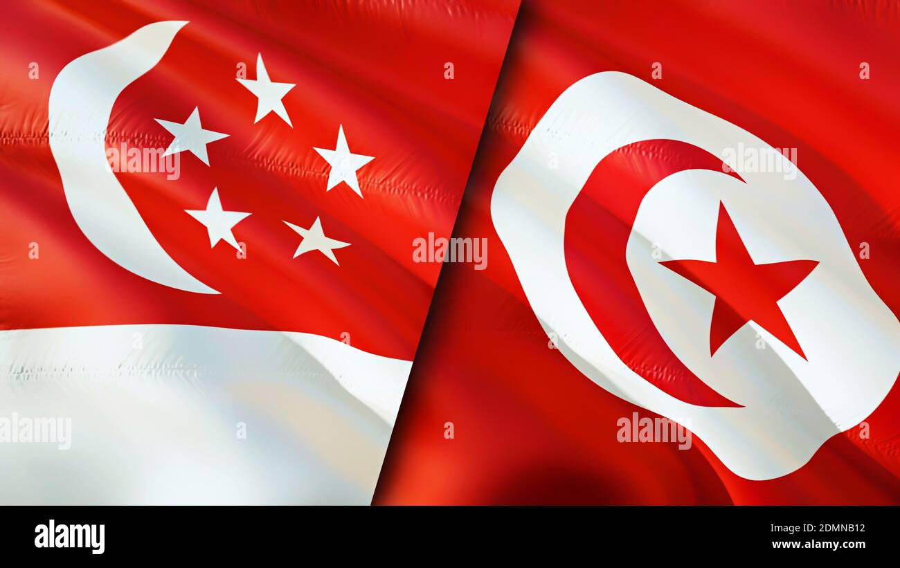 Singapore and Tunisia flags. 3D Waving flag design. Singapore Tunisia ...
