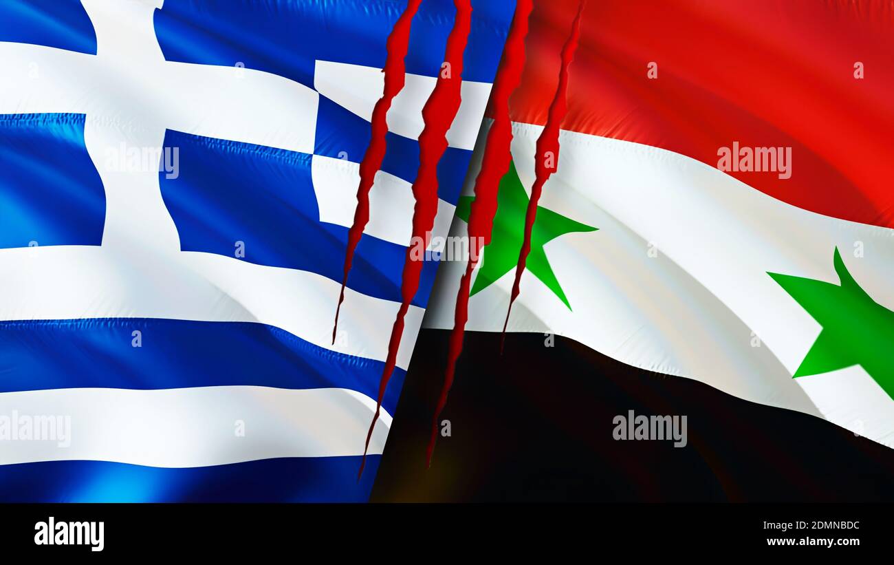 Greece and Syria flags with scar concept. Waving flag,3D rendering ...