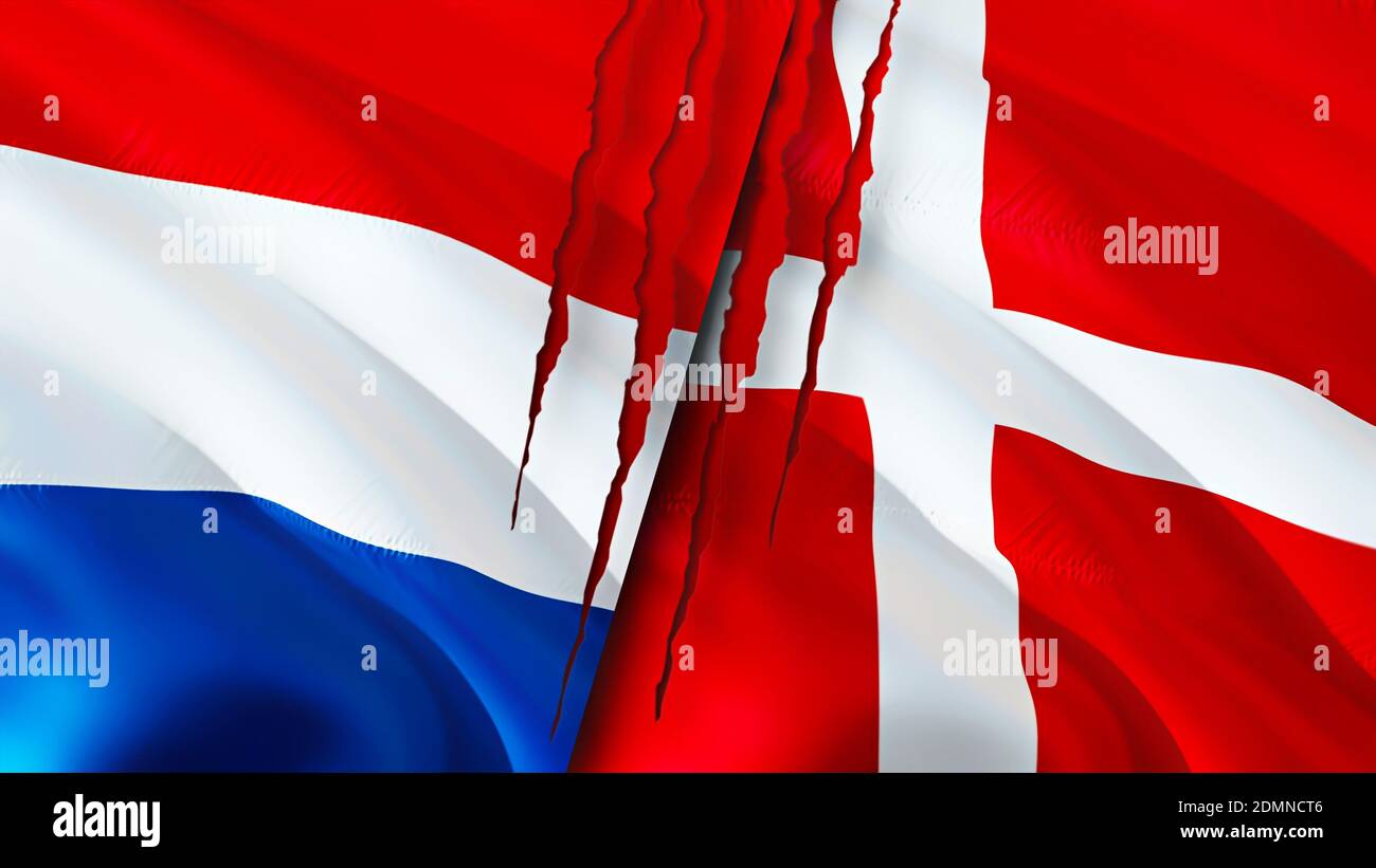 Netherlands and Denmark flags with scar concept. Waving flag,3D ...
