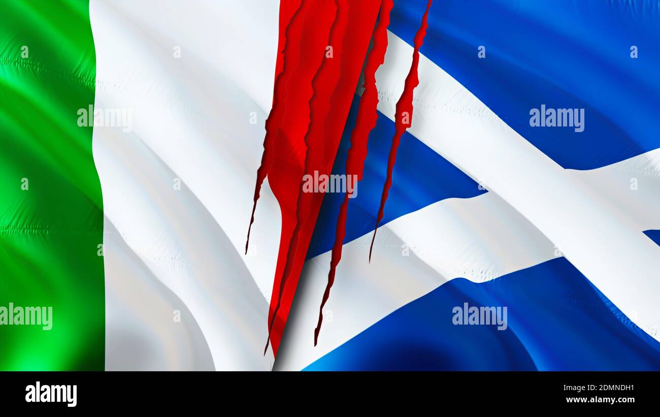 Italy and Scotland flags with scar concept. Waving flag,3D rendering ...