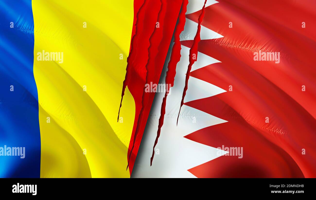 Romania and Bahrain flags with scar concept. Waving flag,3D rendering ...