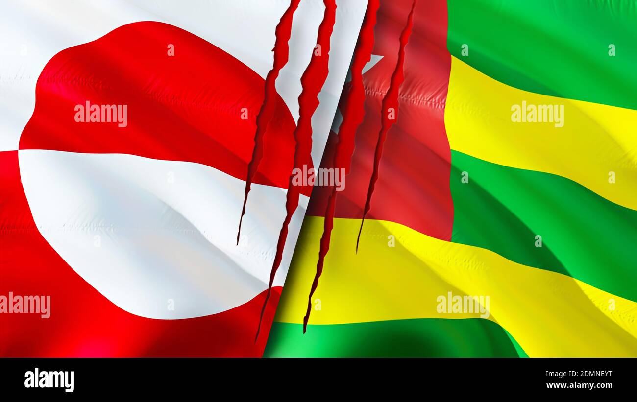 Greenland and Togo flags with scar concept. Waving flag,3D rendering ...