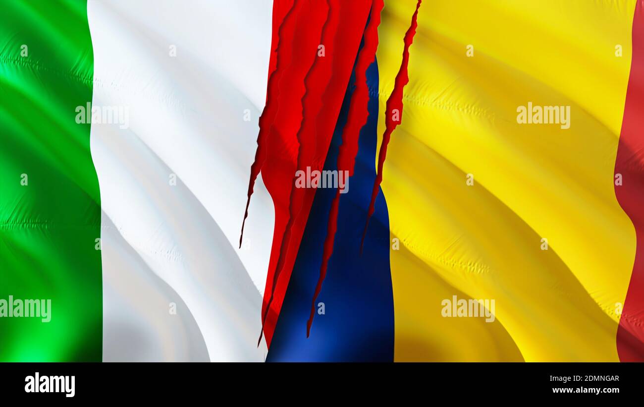 Italy and Chad flags with scar concept. Waving flag,3D rendering. Italy ...