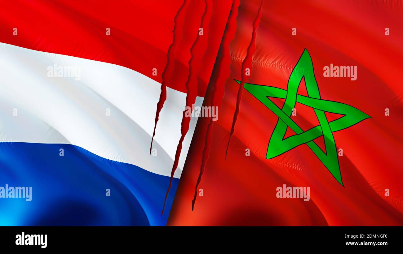 Netherlands and Morocco flags with scar concept. Waving flag,3D ...