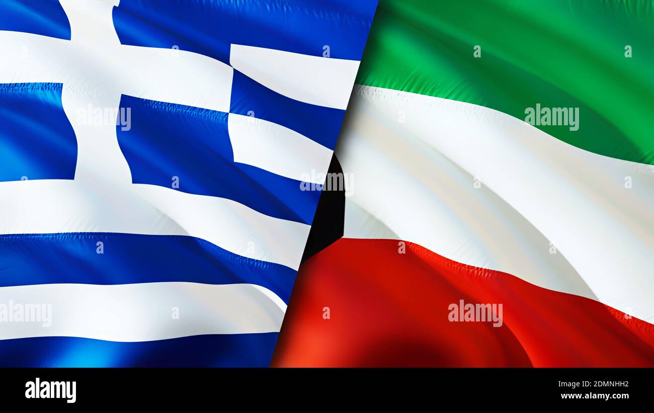 Greece and Kuwait flags. 3D Waving flag design. Greece Kuwait flag ...
