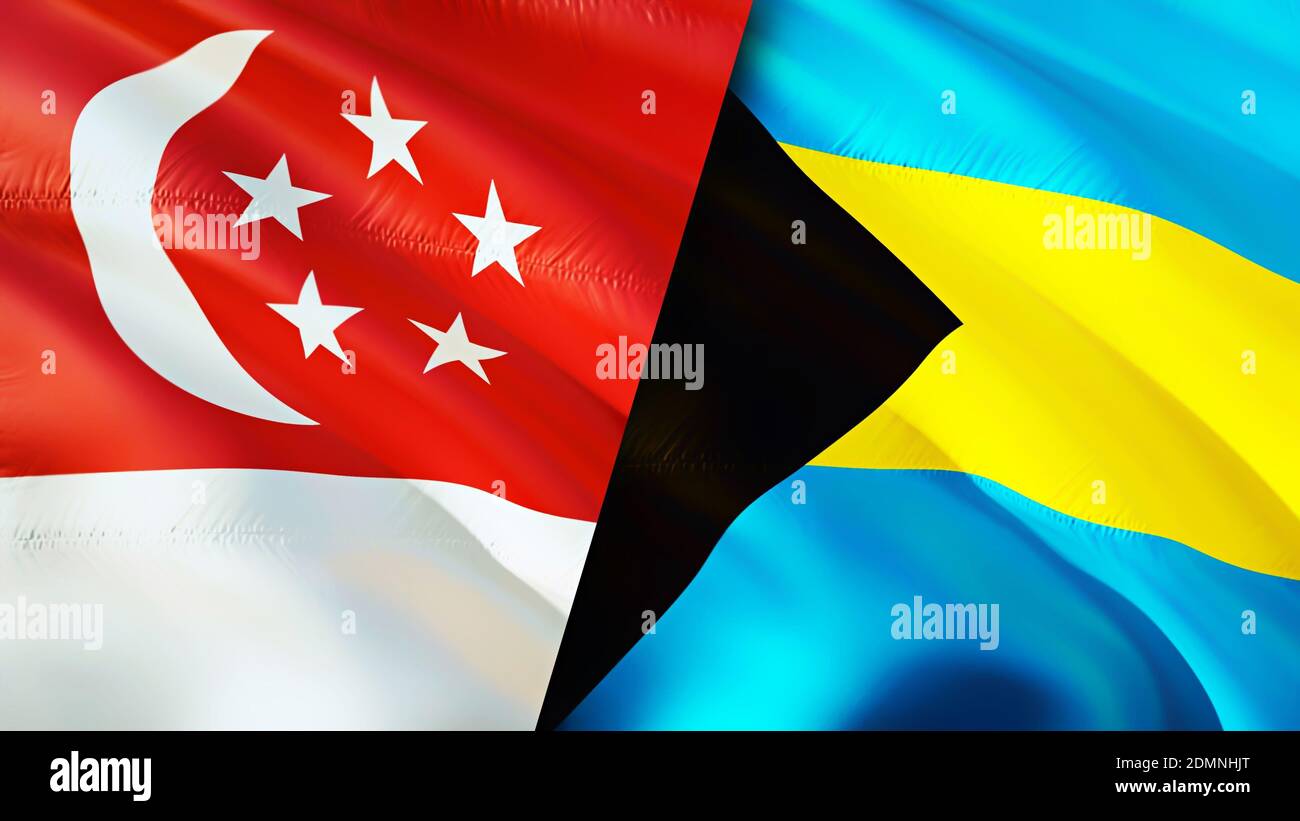 Singapore and Bahamas flags. 3D Waving flag design. Singapore Bahamas ...