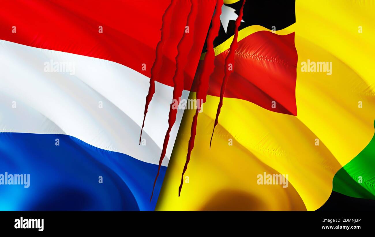 Netherlands and Nevis Island flags with scar concept. Waving flag,3D ...